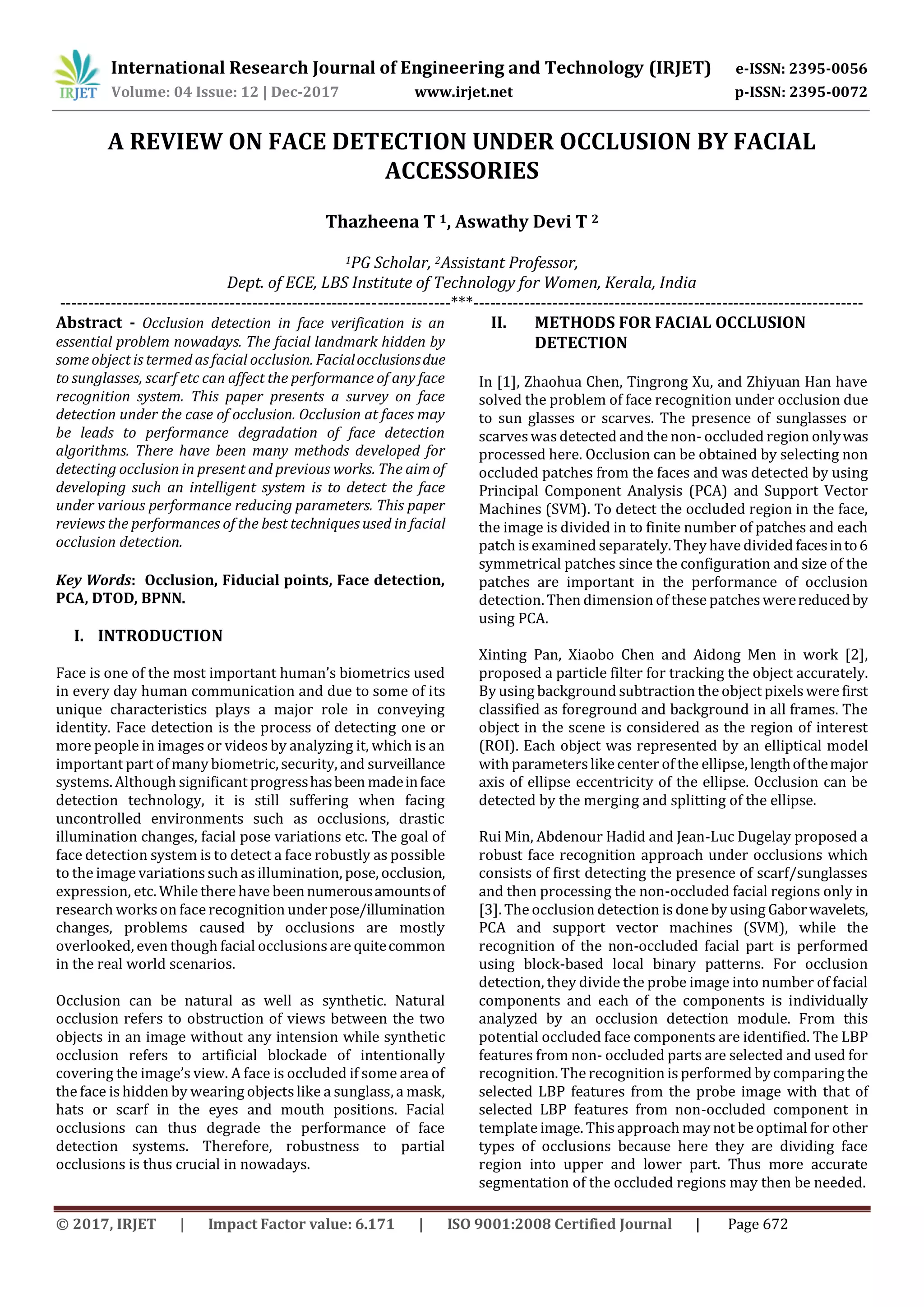 A Review on Face Detection under Occlusion by Facial Accessories | PDF