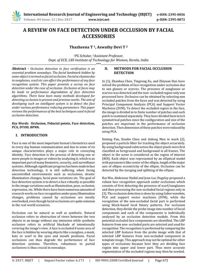 A Review On Face Detection Under Occlusion By Facial Accessories Pdf