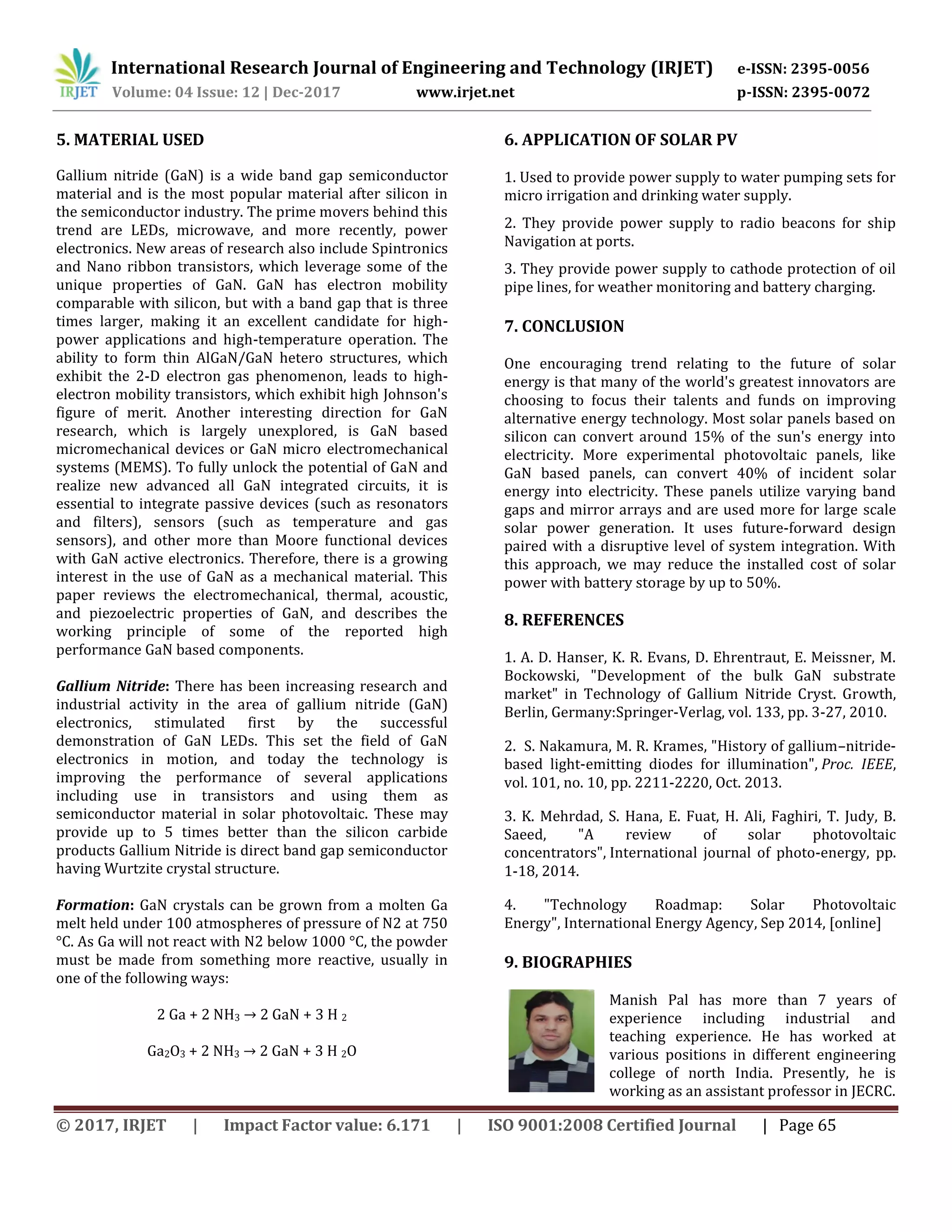 GaN as Semiconductor Material for Solar Photovoltaic: A Review | PDF