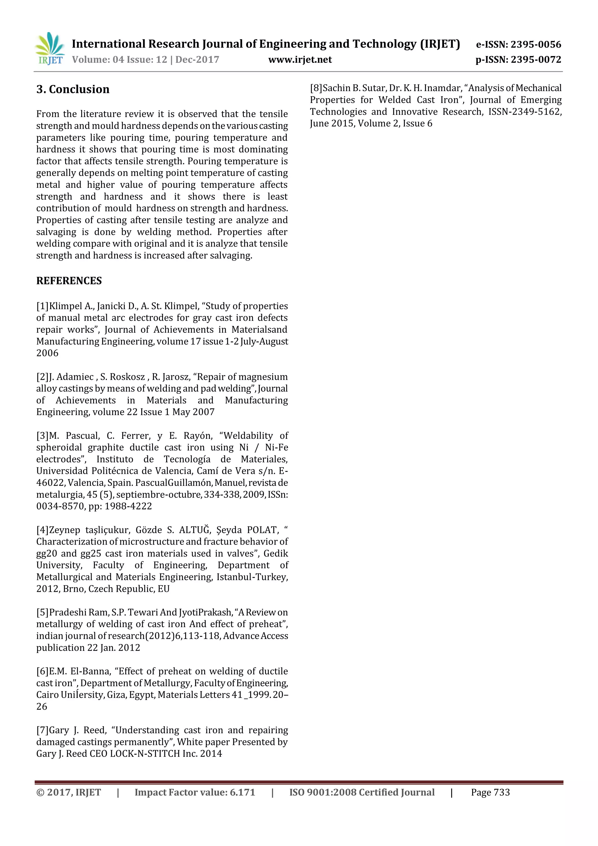 Analysis of Tensile Strength Properties for FG260 Welded Cast Iron : A ...