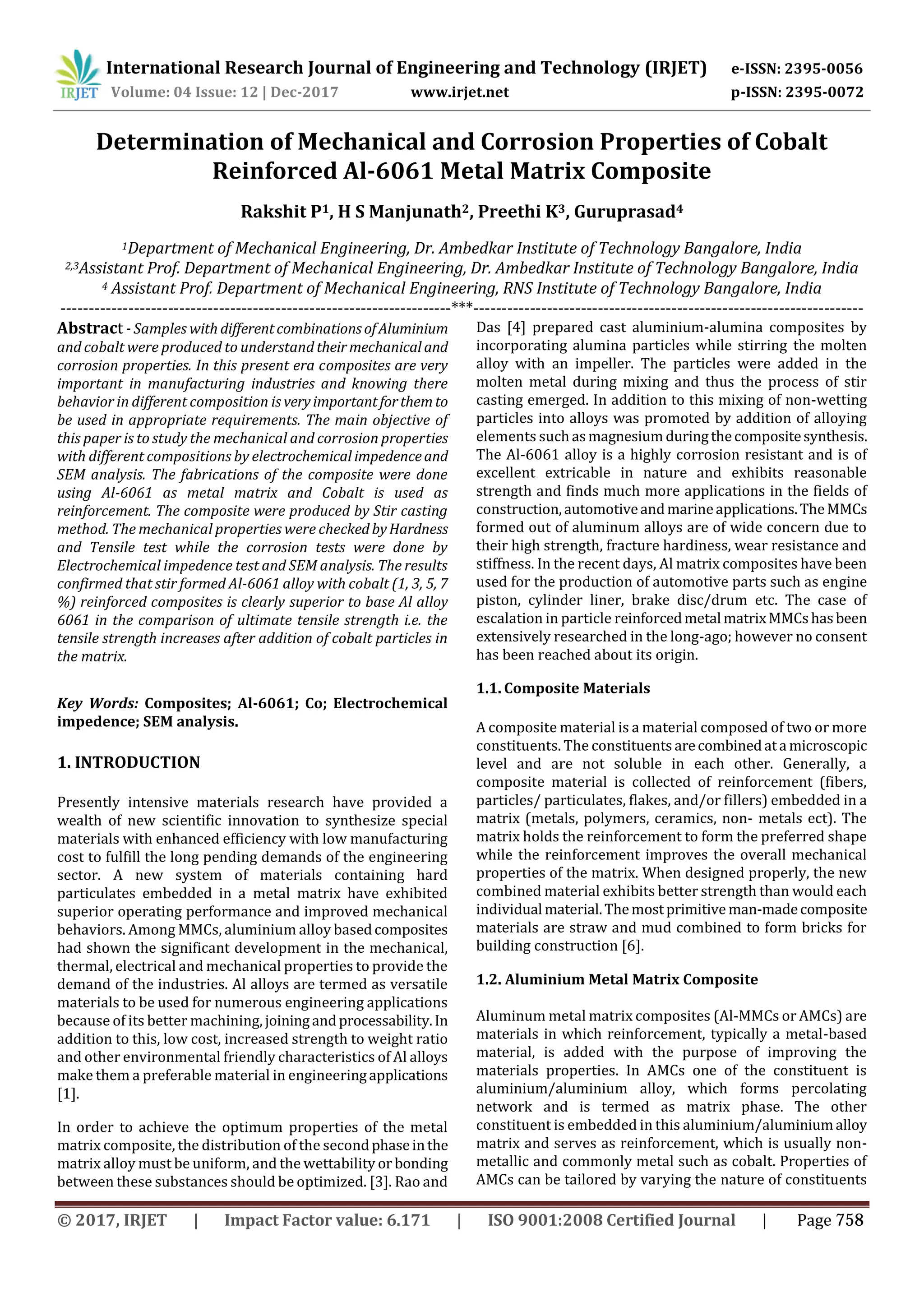 Determination of Mechanical and Corrosion Properties of Cobalt Reinforced Al-6061 Metal Matrix ...
