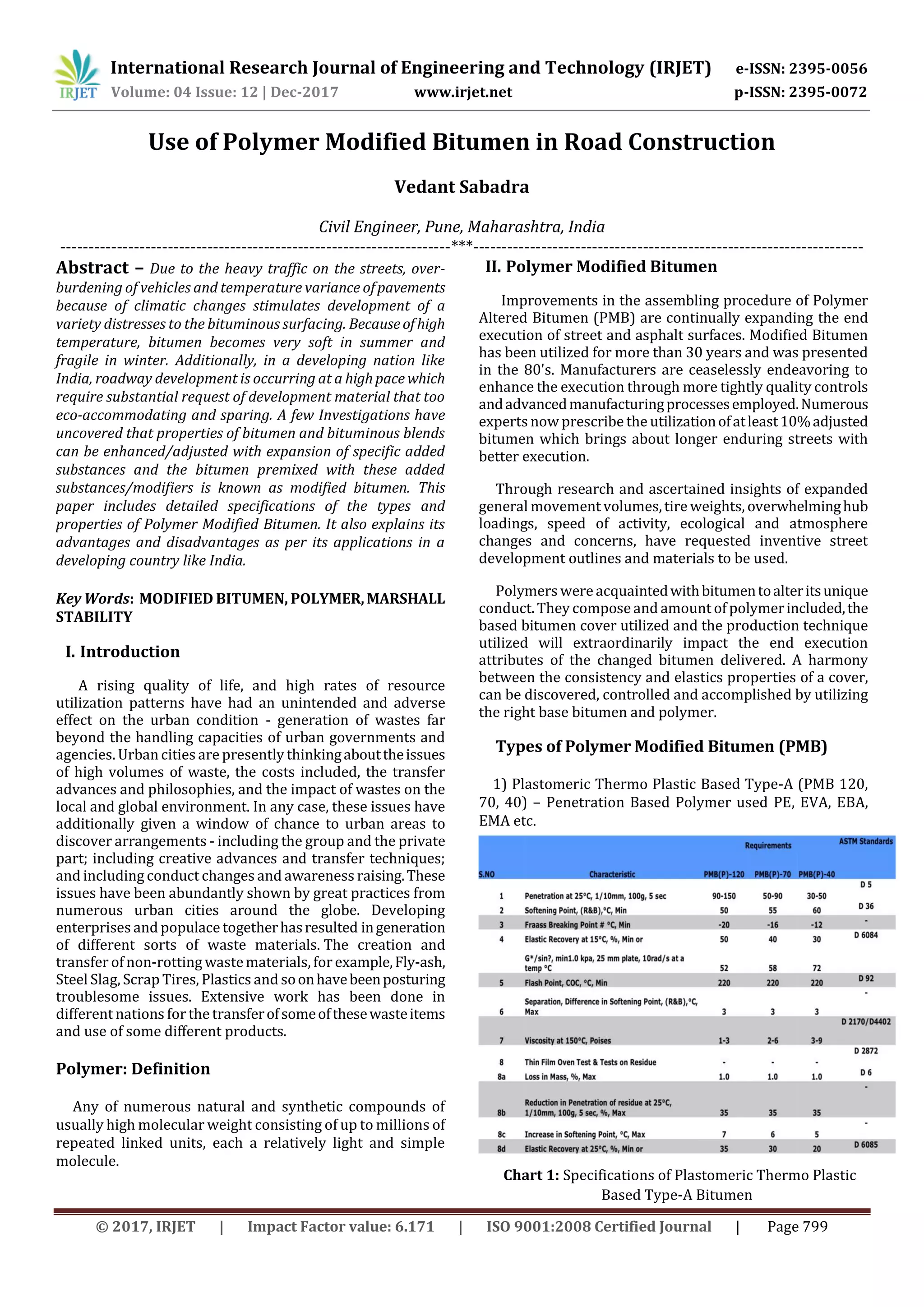 Use of Polymer Modified Bitumen in Road Construction | PDF