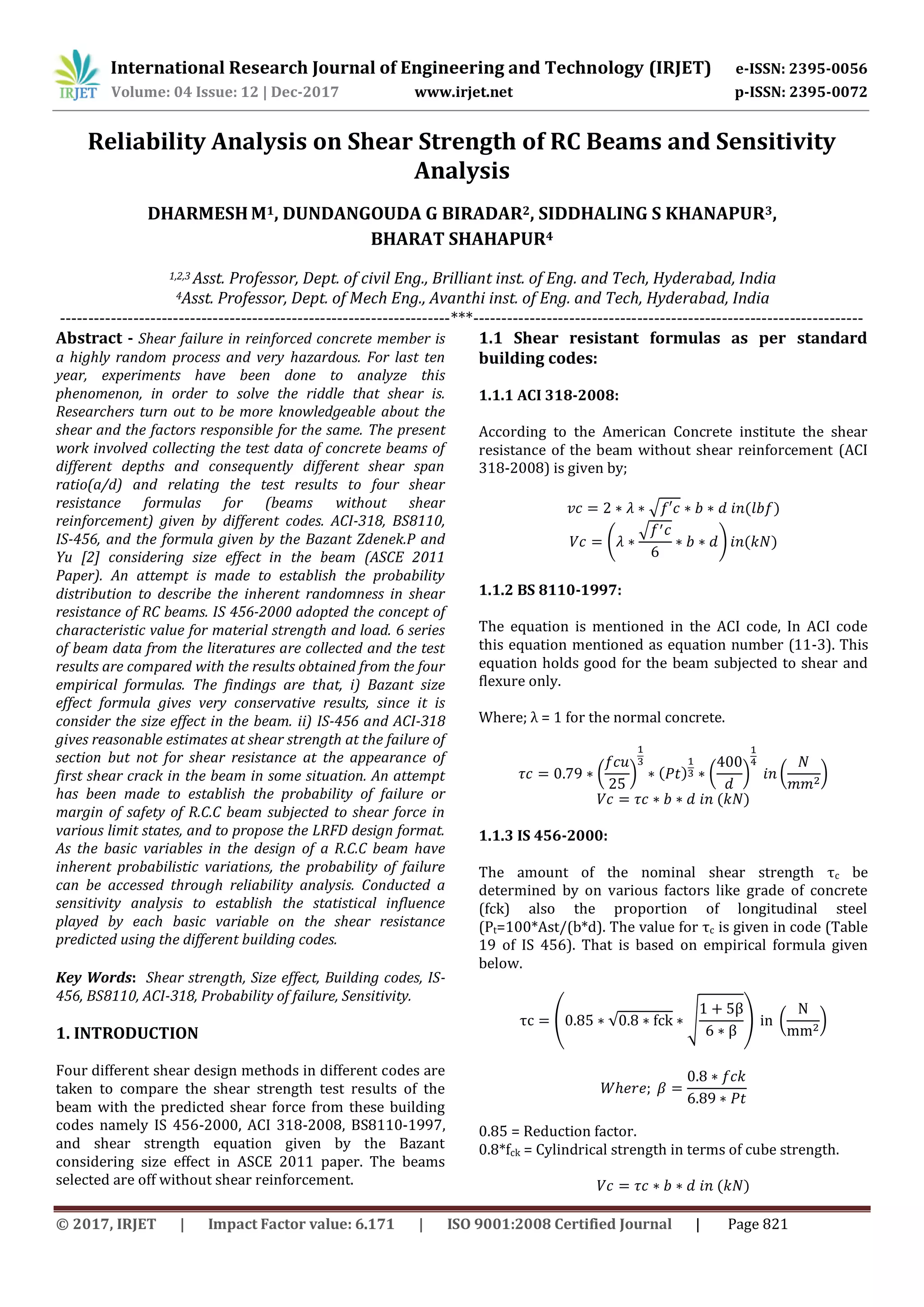 Reliability Analysis on Shear Strength of RC Beams and Sensitivity Analysis | PDF | Civil ...