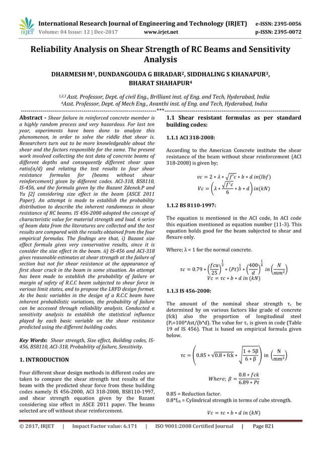 Reliability Analysis on Shear Strength of RC Beams and Sensitivity Analysis | PDF | Civil ...