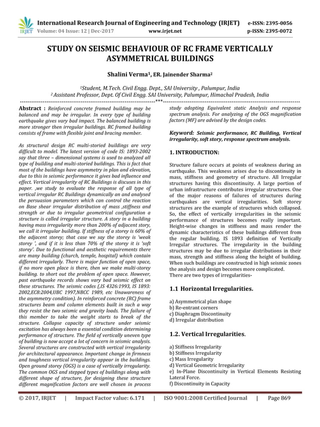 Study on Seismic Behaviour of RC Frame Vertically Asymmetrical Buildings | PDF