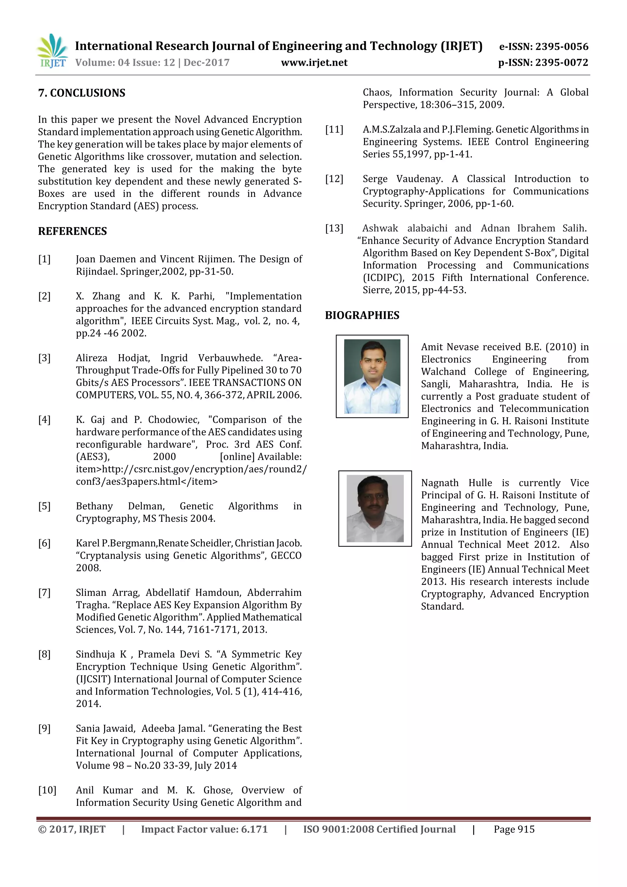 Novel Advanced Encryption Standard Aes Implementation Approach Using Genetic Algorithm Pdf