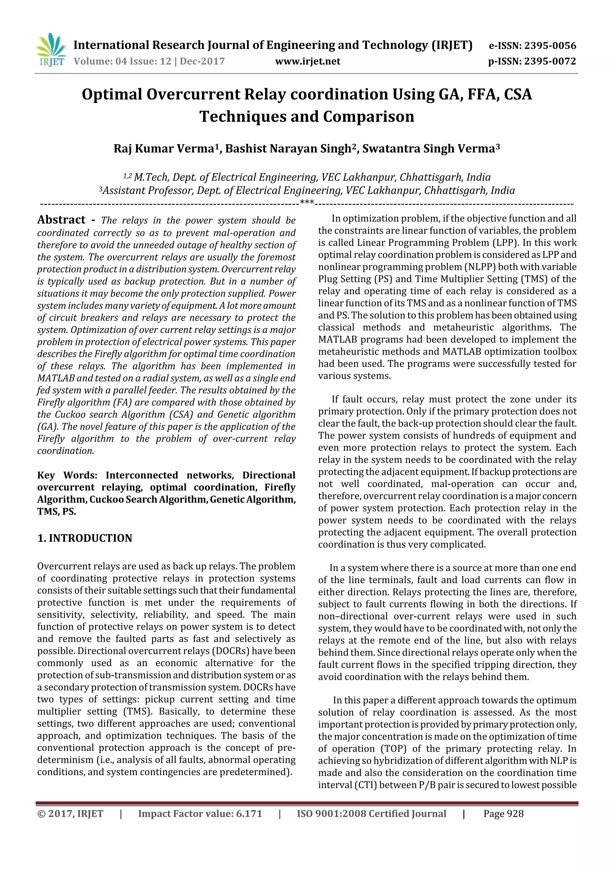 Optimal Overcurrent Relay Coordination using GA, FFA, CSA Techniques and Comparison | PDF