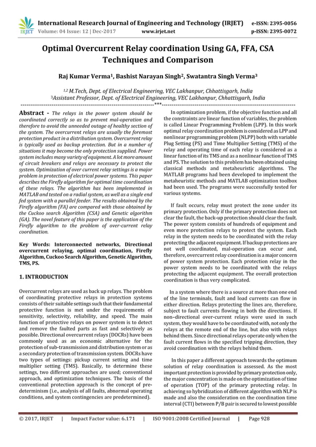 Optimal Overcurrent Relay Coordination Using Ga Ffa Csa Techniques And Comparison Pdf