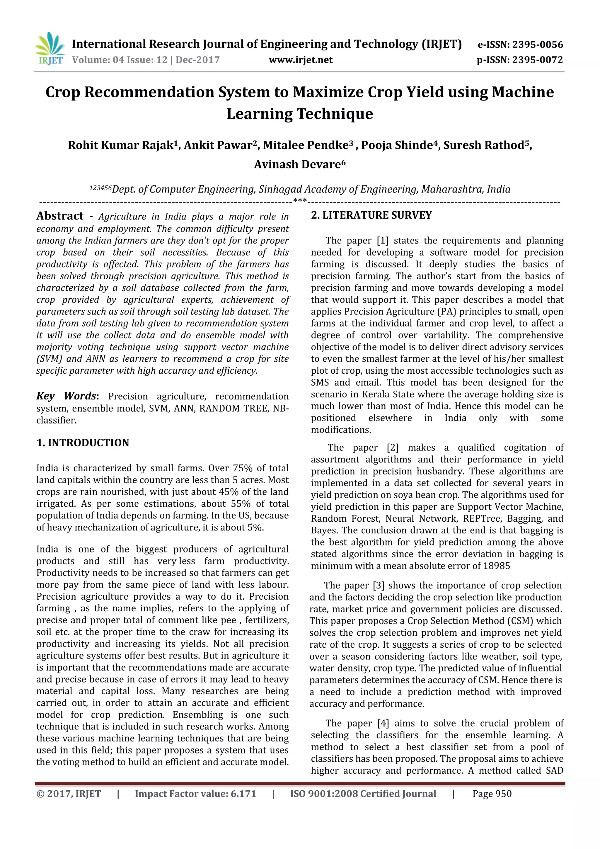 Crop Recommendation System to Maximize Crop Yield using Machine Learning Technique | PDF
