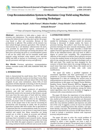 Crop Recommendation System to Maximize Crop Yield using Machine Learning Technique | PDF
