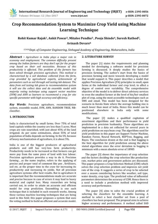 Crop Recommendation System to Maximize Crop Yield using Machine Learning Technique | PDF