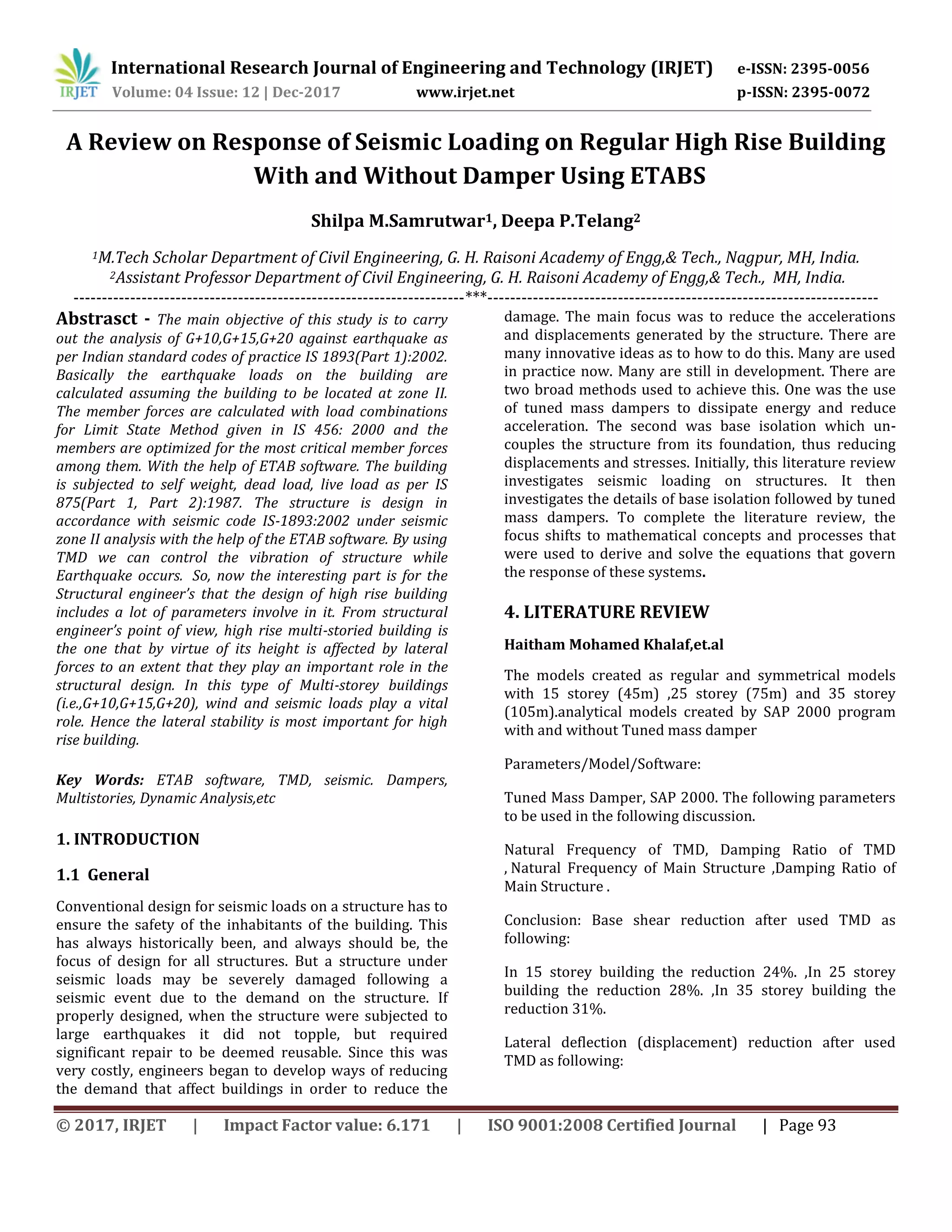 A Review on Response of Seismic Loading on Regular High Rise Building ...