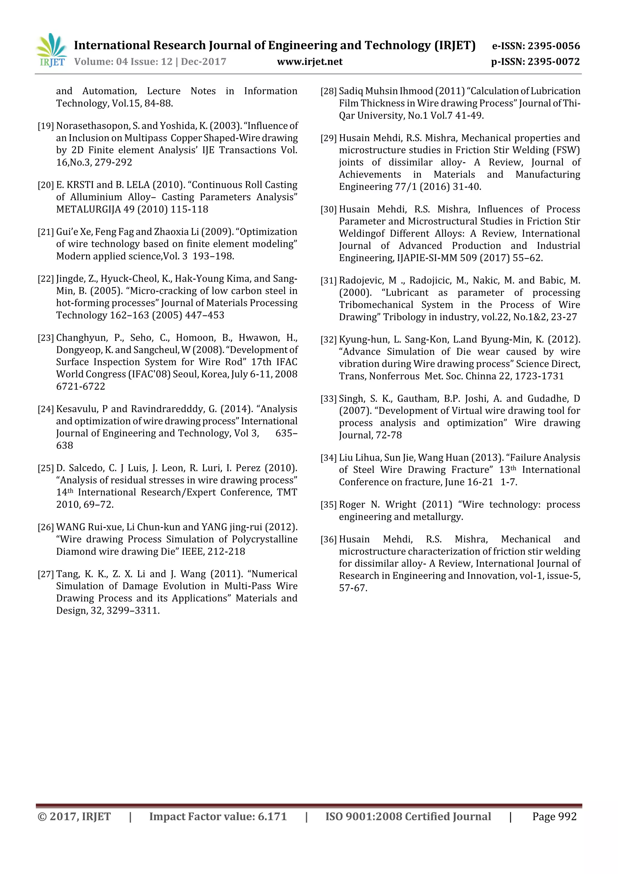 FEM Analysis of Stress Predication of Aluminum Wire Rod in Drawing Operation | PDF