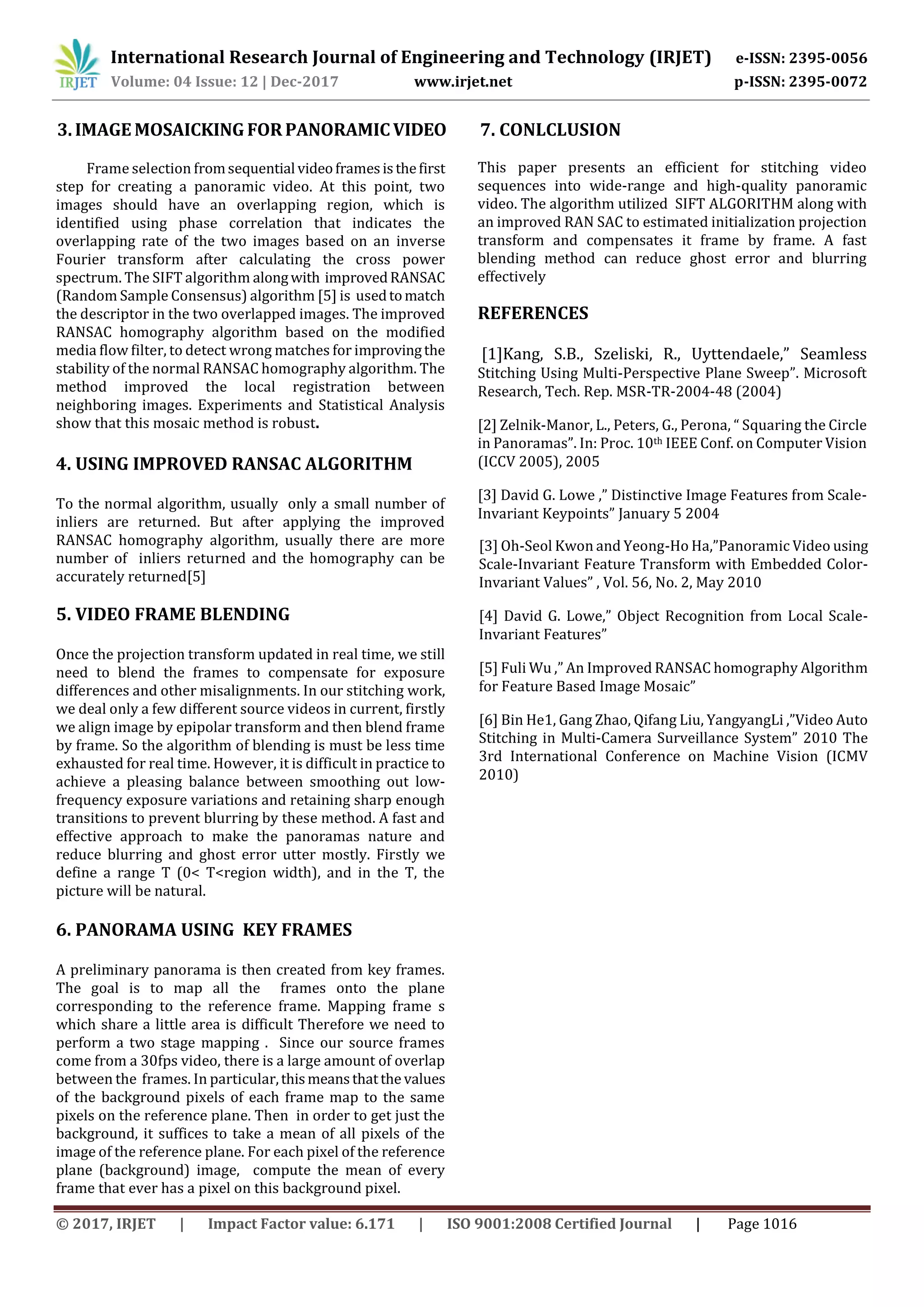 Video Stitching using Improved RANSAC and SIFT | PDF