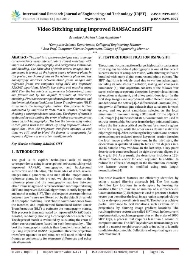 Video Stitching using Improved RANSAC and SIFT | PDF
