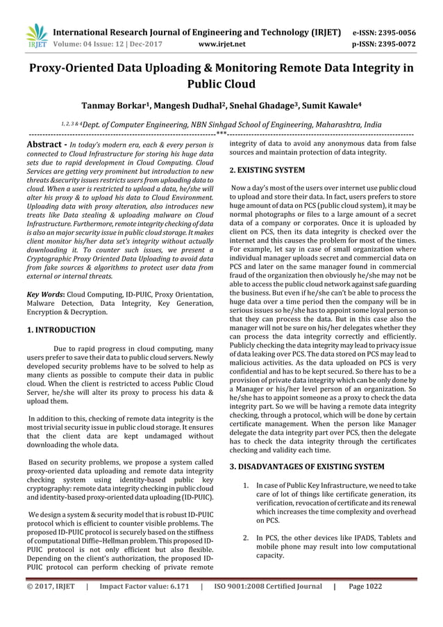Proxy-Oriented Data Uploading & Monitoring Remote Data Integrity in Public Cloud | PDF
