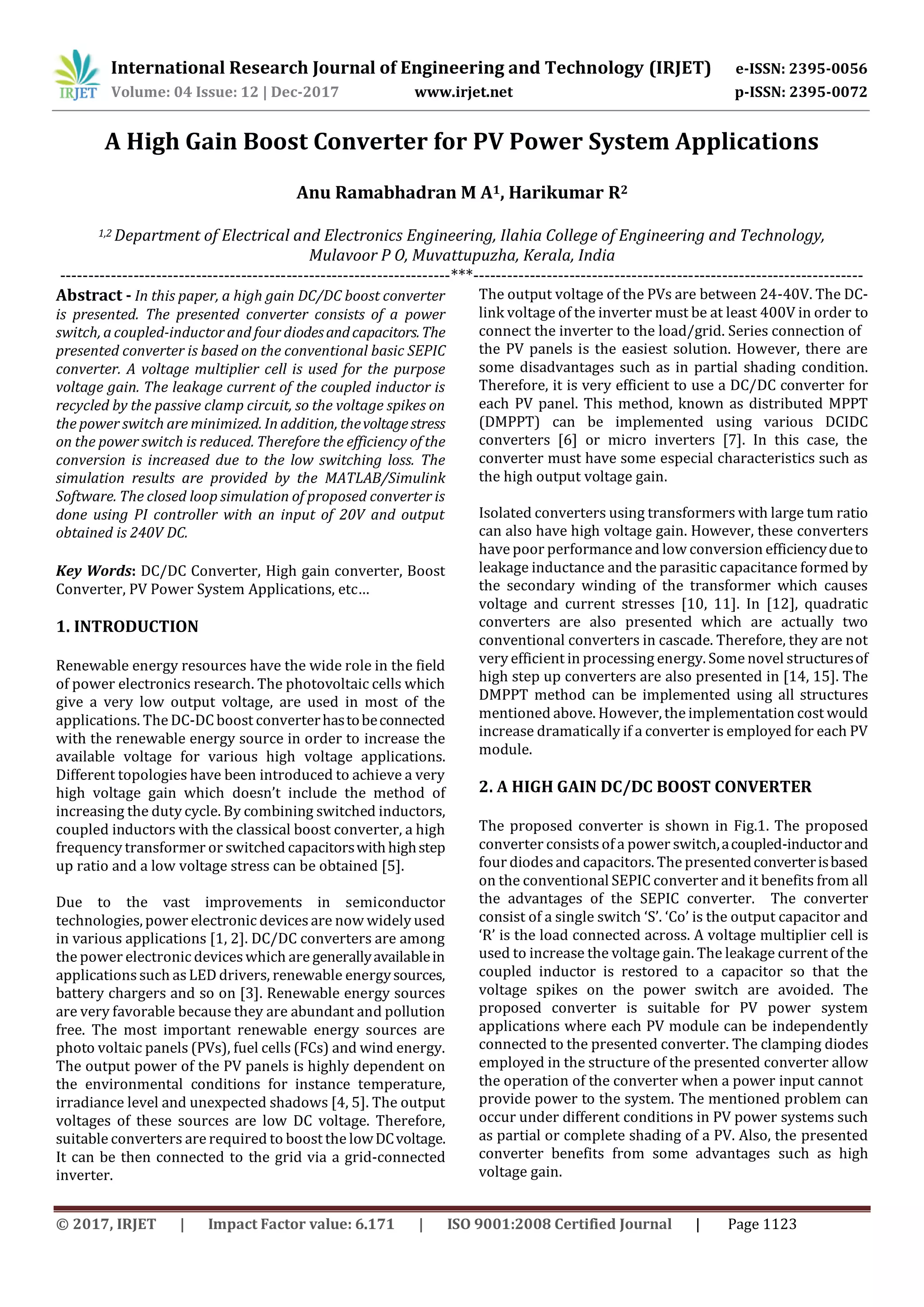 A High Gain Boost Converter for PV Power System Applications | PDF