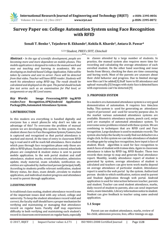Survey Paper on : College Automation System using Face Recognition with RFID | PDF