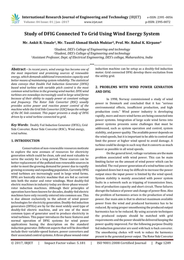 Study of DFIG Connected to Grid using Wind Energy System | PDF