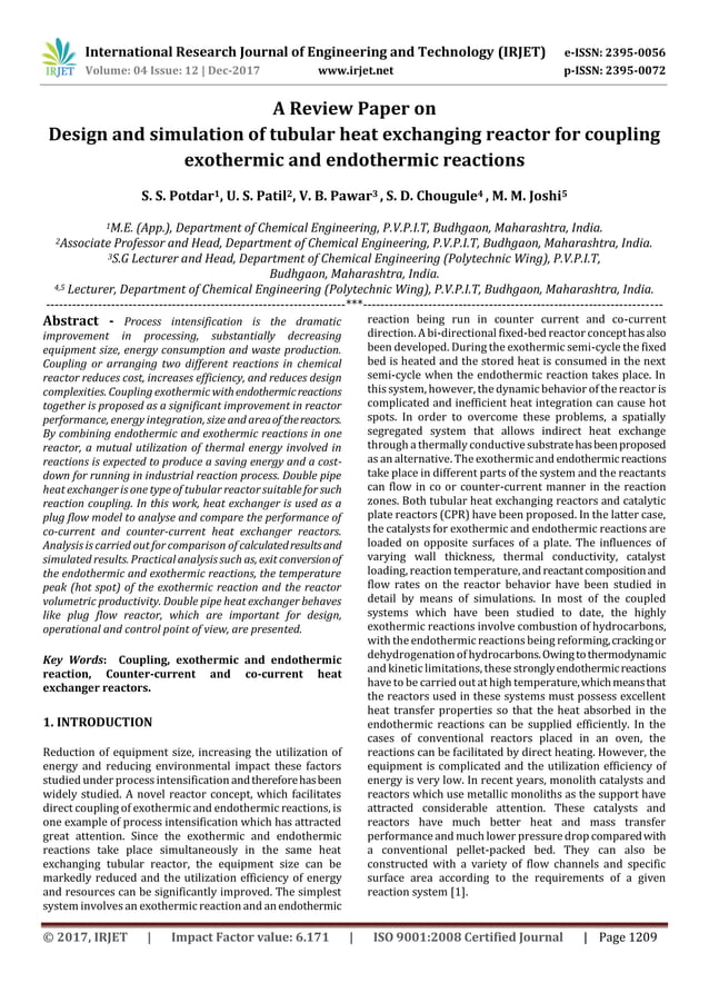 A Review Paper on Design and Simulation of Tubular Heat Exchanging Reactor for Coupling ...