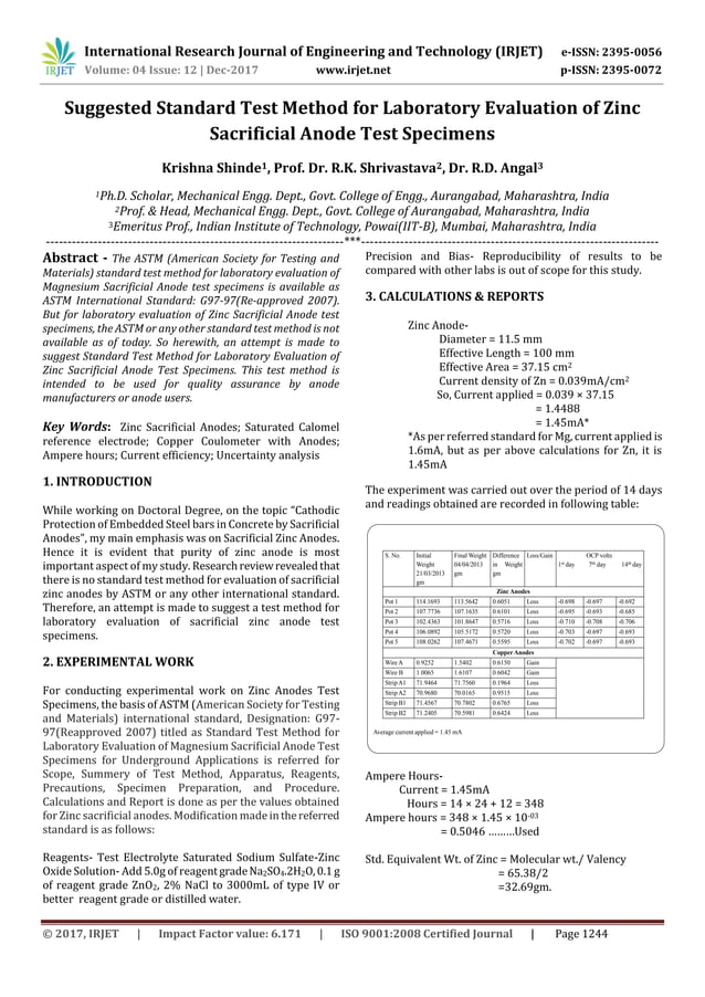 Suggested Standard Test Method for Laboratory Evaluation of Zinc ...