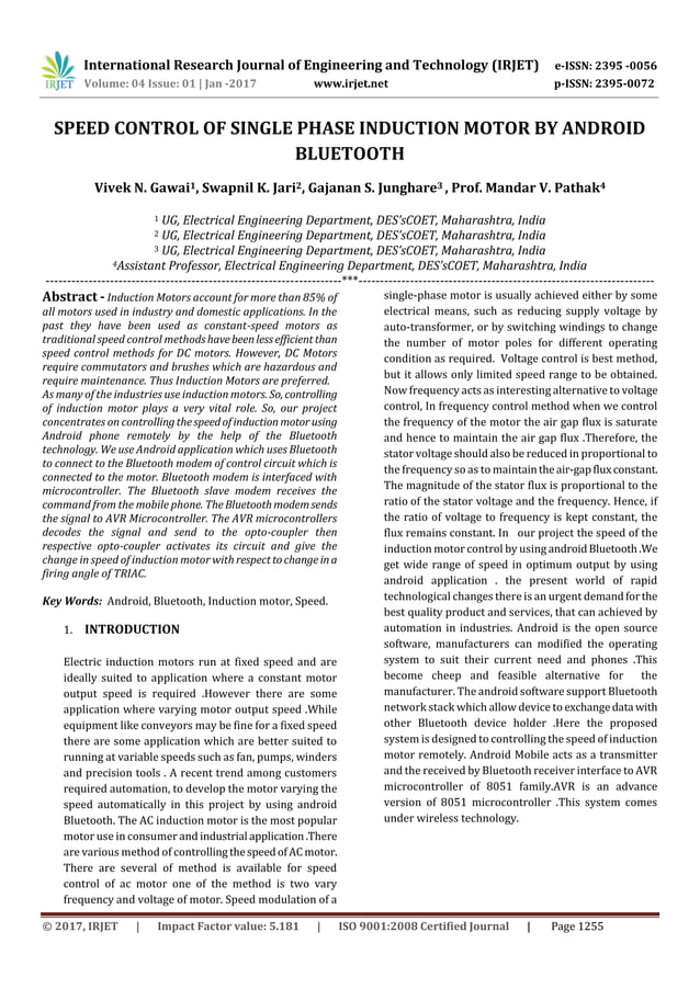 Speed control of single phase induction motor by android bluetooth | PDF