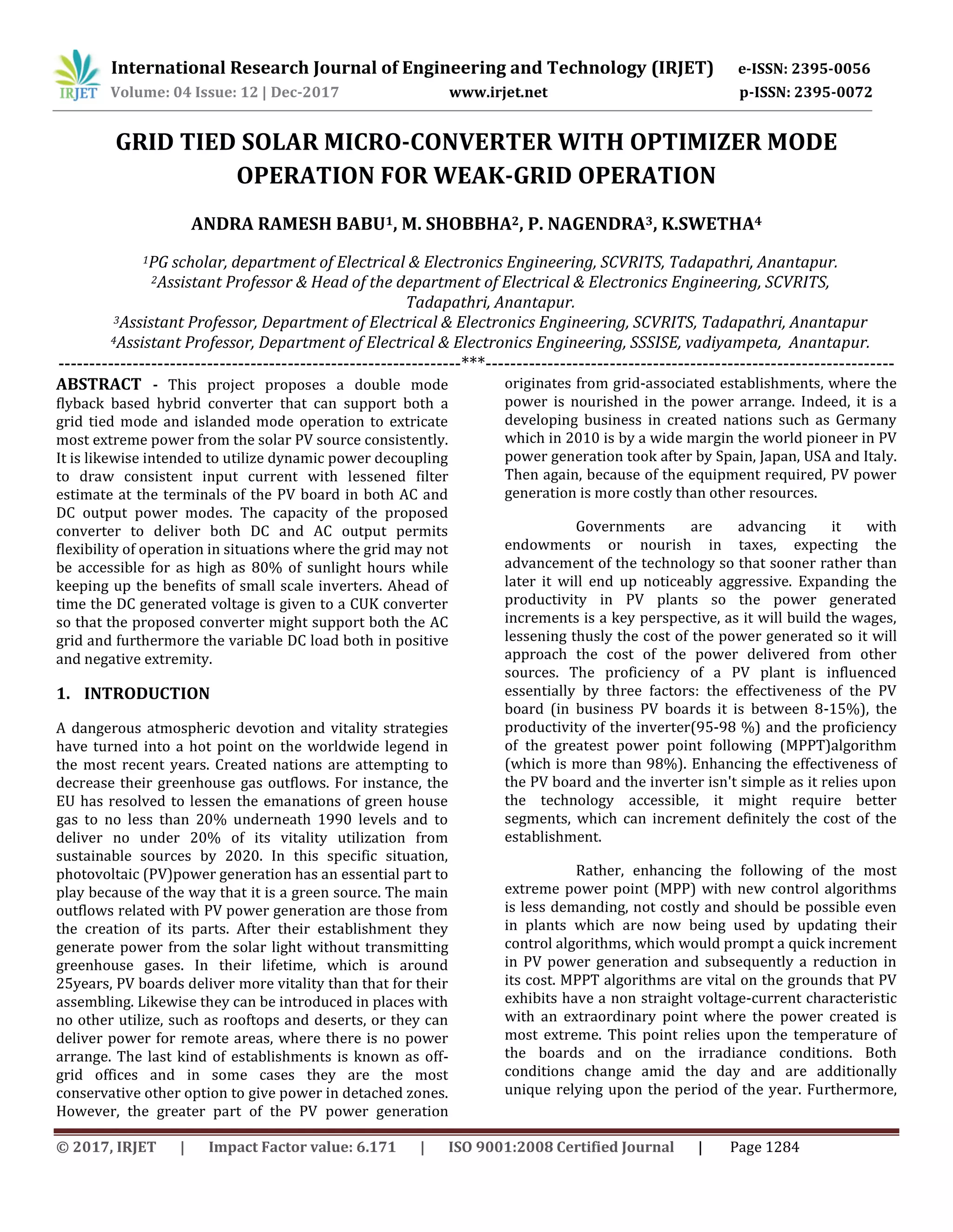 Grid Tied Solar Micro-Converter with Optimizer Mode Operation for Weak-Grid Operation | PDF