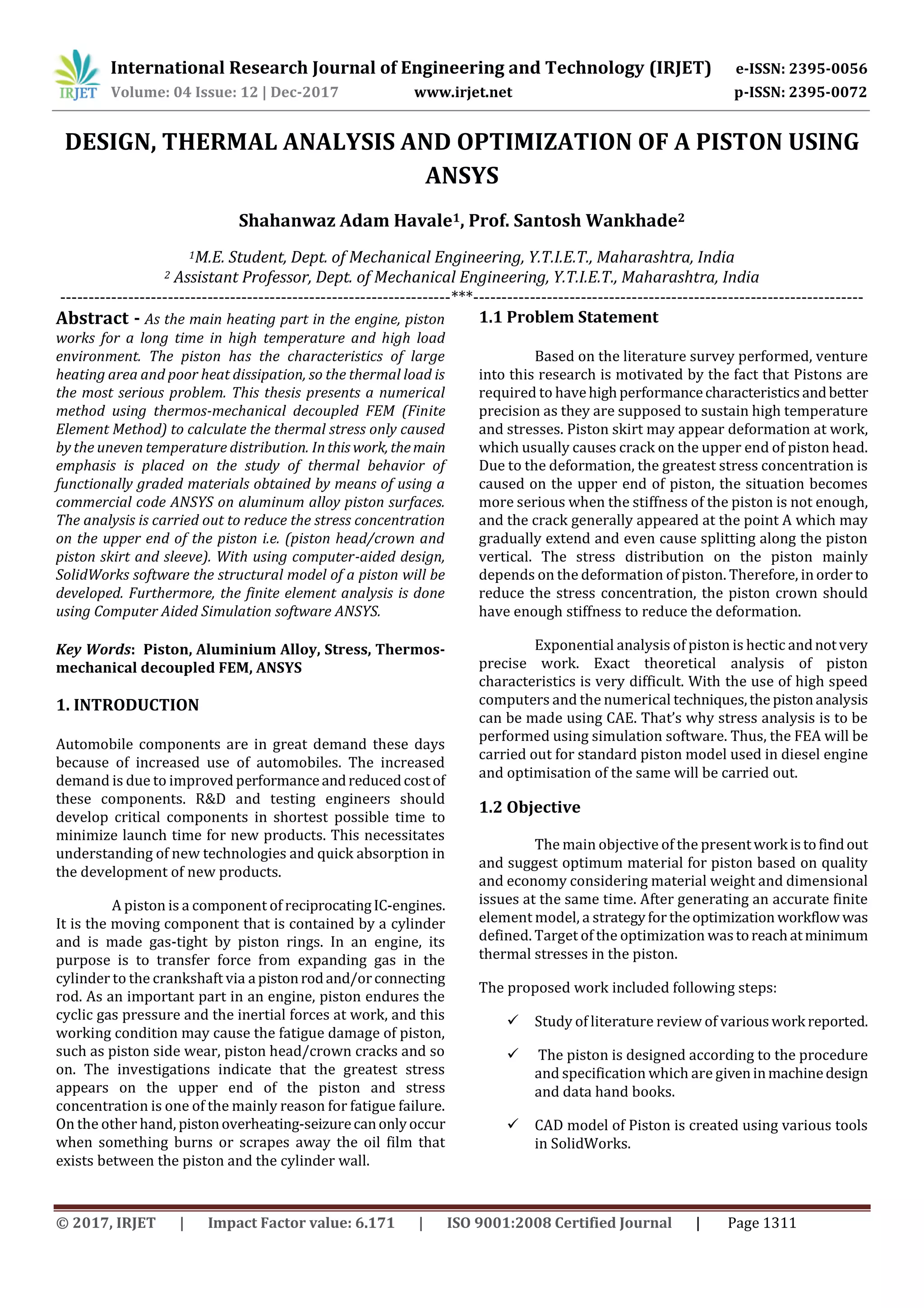 Design, Thermal Analysis and Optimization of a Piston using Ansys | PDF