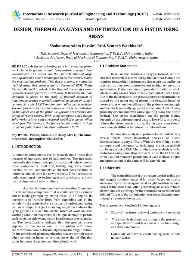 Design, Thermal Analysis and Optimization of a Piston using Ansys | PDF | Physics | Science