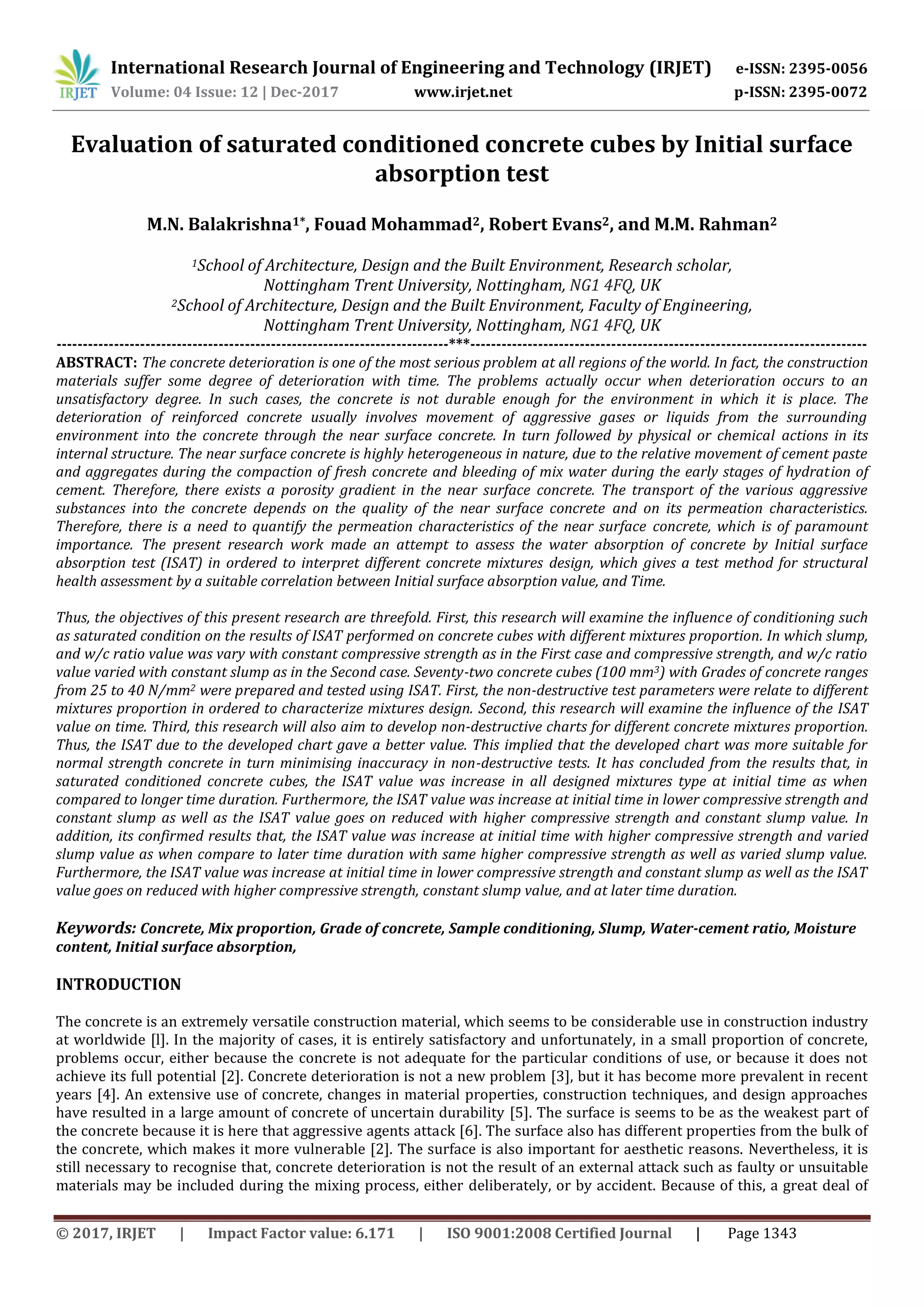 Evaluation of Saturated Conditioned Concrete Cubes by Initial Surface ...
