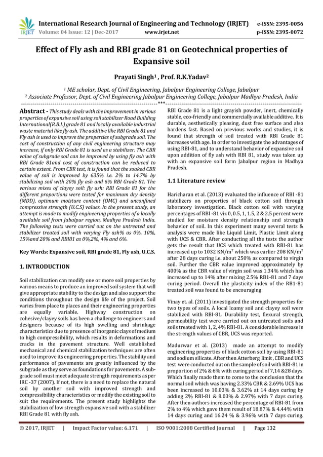 Effect of Fly Ash and RBI Grade 81 on Geotechnical Properties of Expansive Soil | PDF