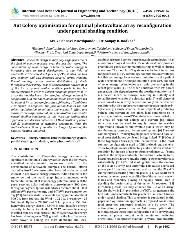 Ant Colony Optimization for Optimal Photovoltaic Array Reconfiguration under Partial Shading ...