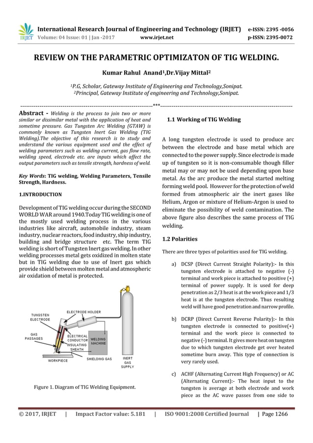 Review on the parametric optimizaton of Tig welding | PDF