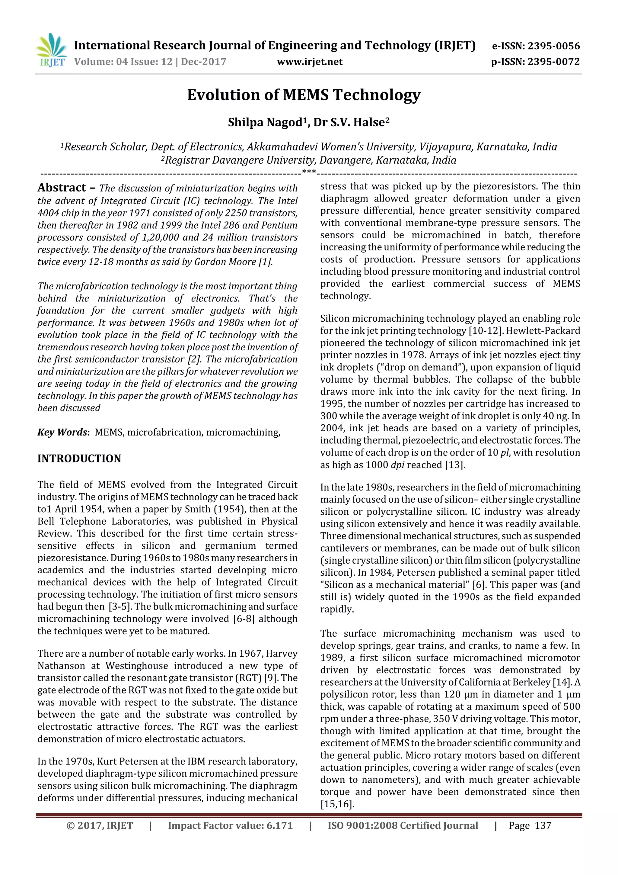 Evolution of MEMS Technology | PDF