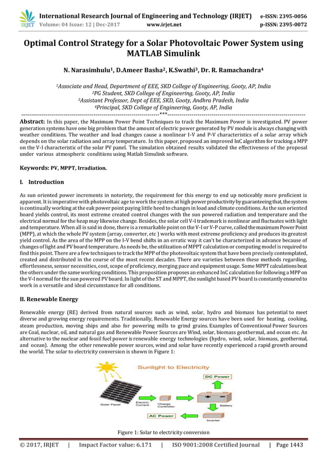 Optimal Control Strategy for a Solar Photovoltaic Power System using MATLAB Simulink | PDF ...