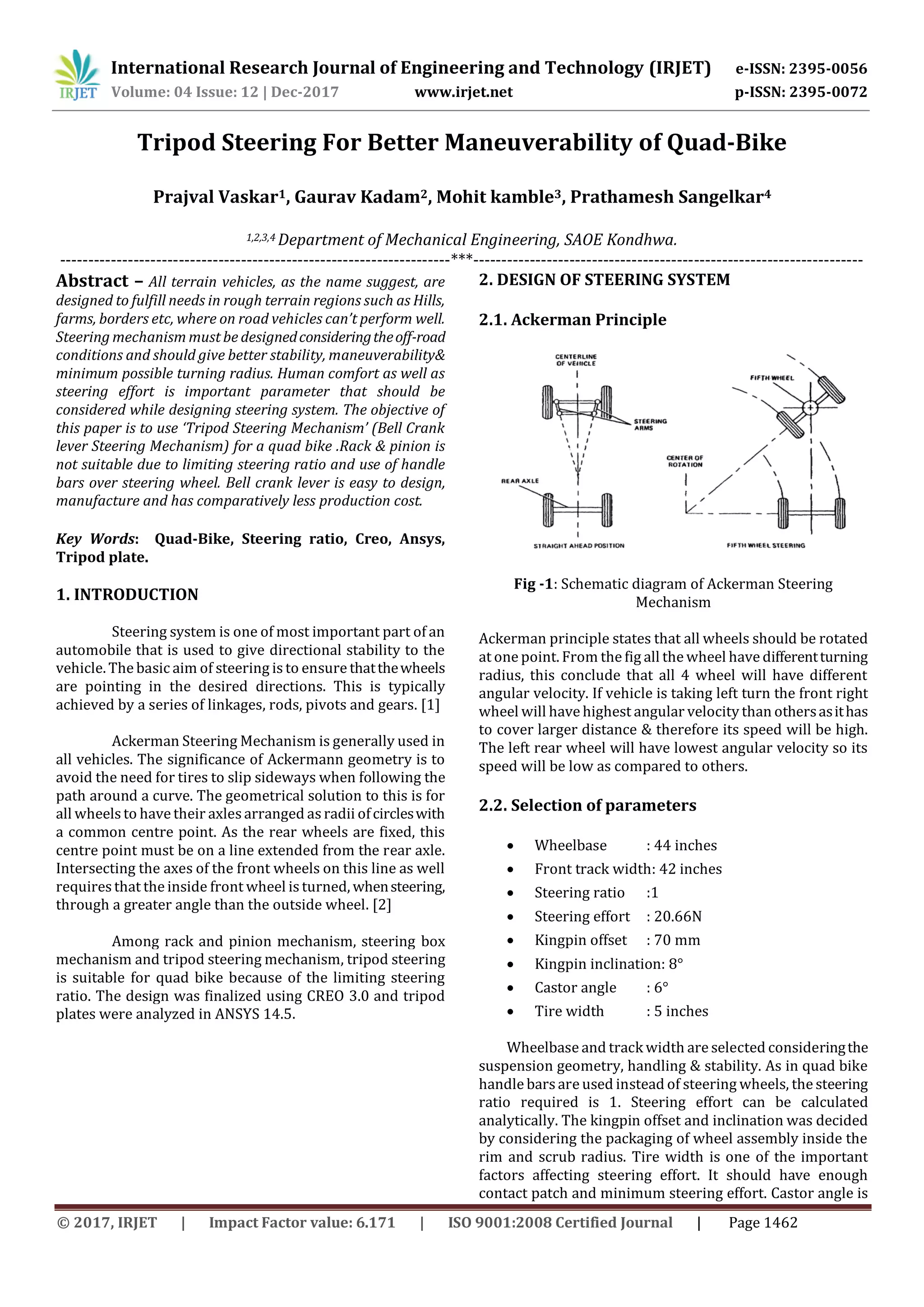 Tripod Steering for Better Maneuverability of Quad-Bike | PDF