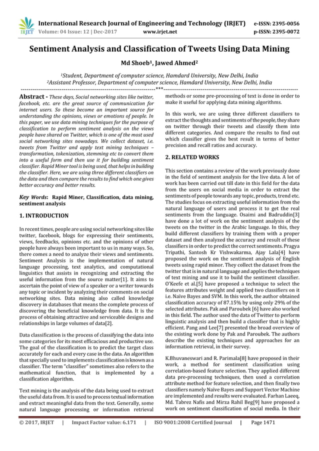 Sentiment Analysis And Classification Of Tweets Using Data Mining Pdf