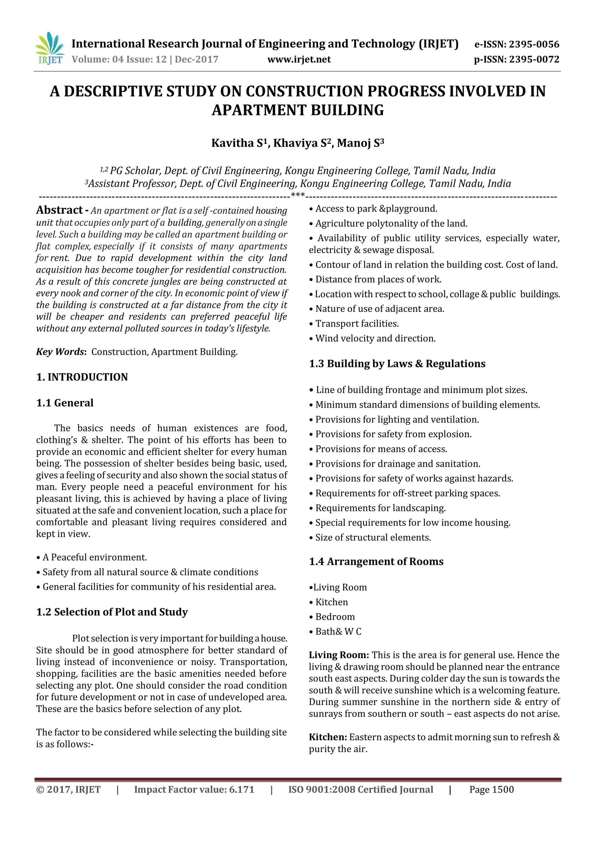 A Descriptive Study on Construction Progress Involved in Apartment ...