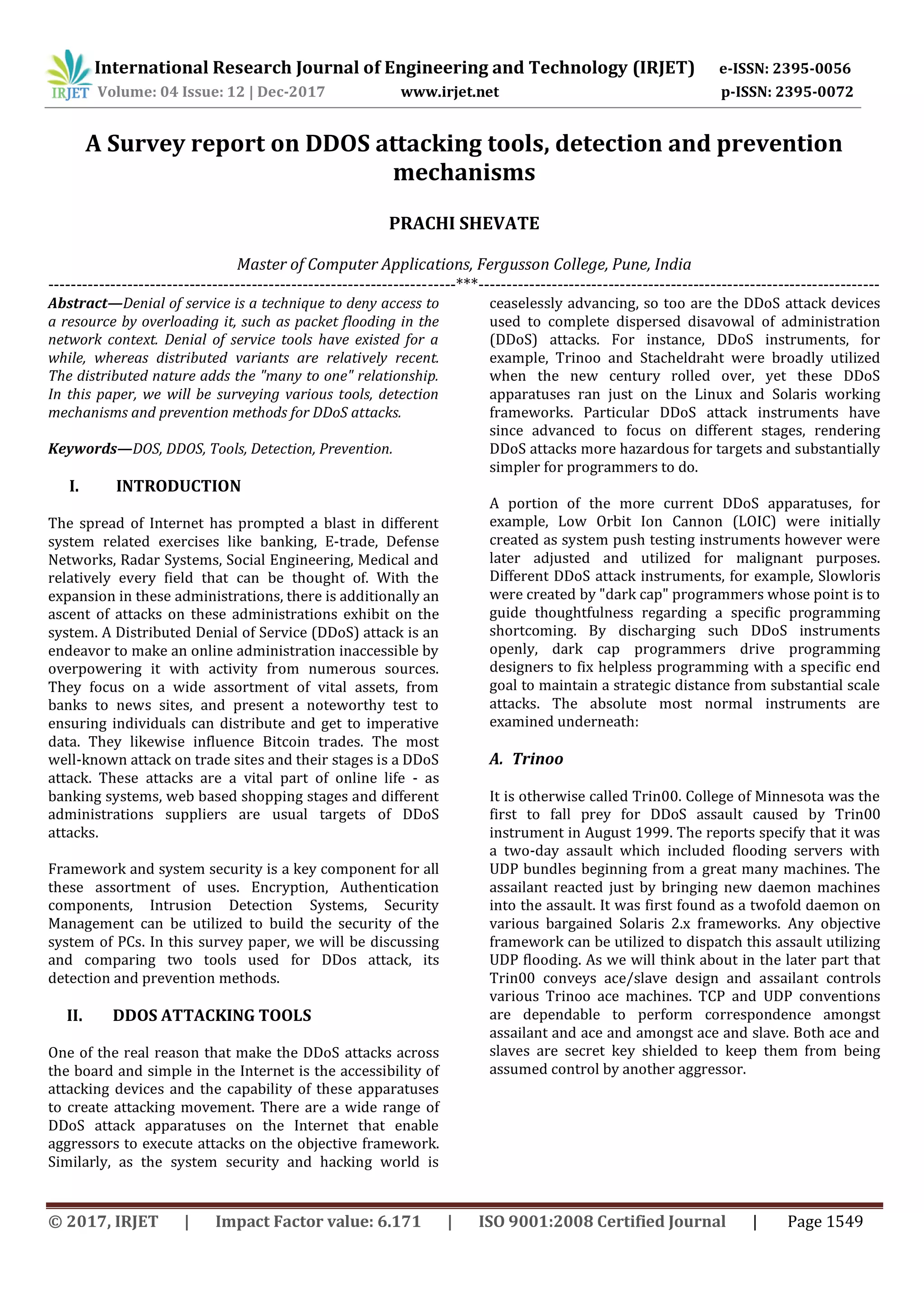 A Survey Report on DDOS Attacking Tools, Detection and Prevention Mechanisms | PDF