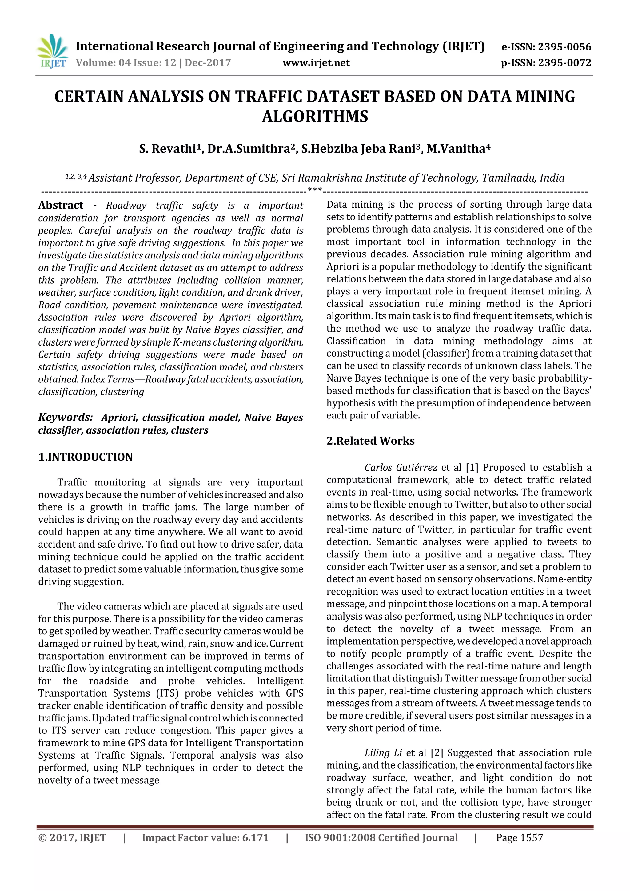 Certain Analysis on Traffic Dataset based on Data Mining Algorithms | PDF