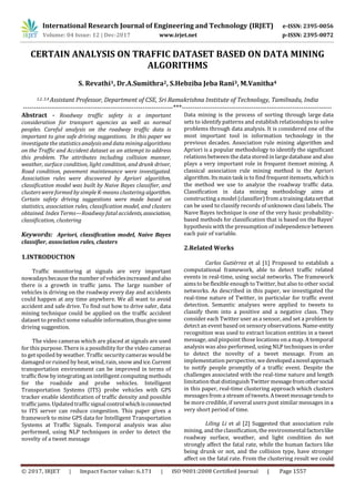 Certain Analysis on Traffic Dataset based on Data Mining Algorithms | PDF
