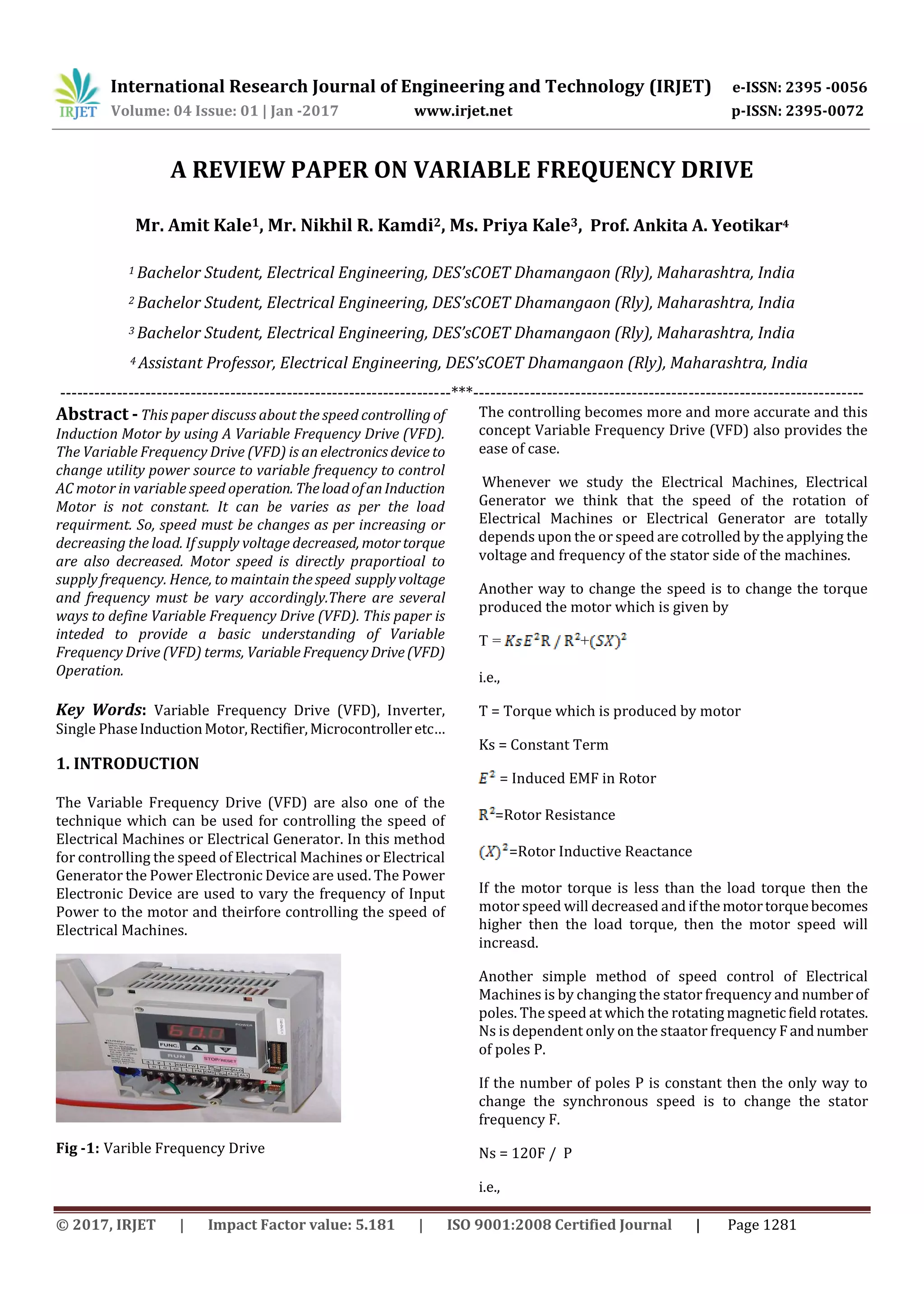 A Review paper on variable frequency drive | PDF