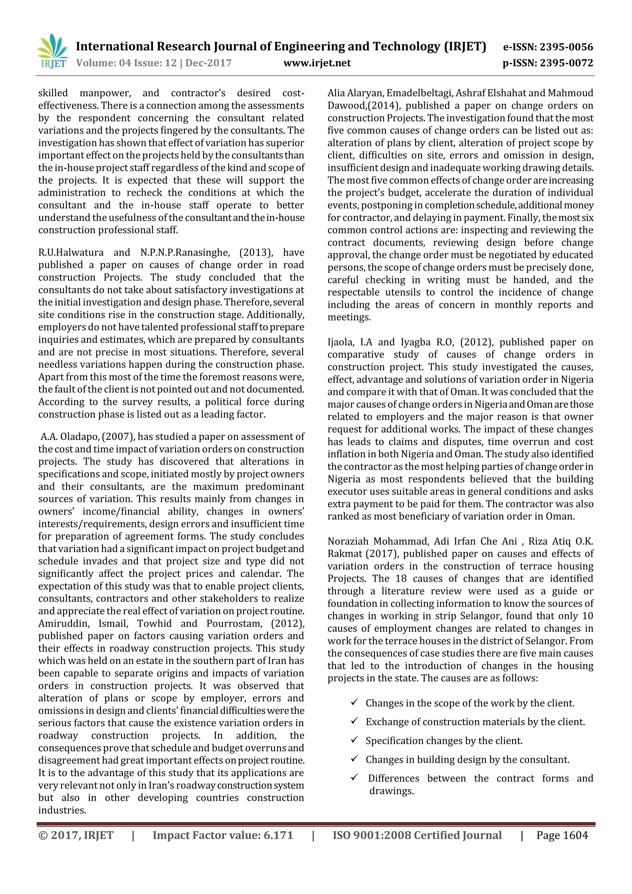 Critical Review on Causes and Effects of Variation Order on ...