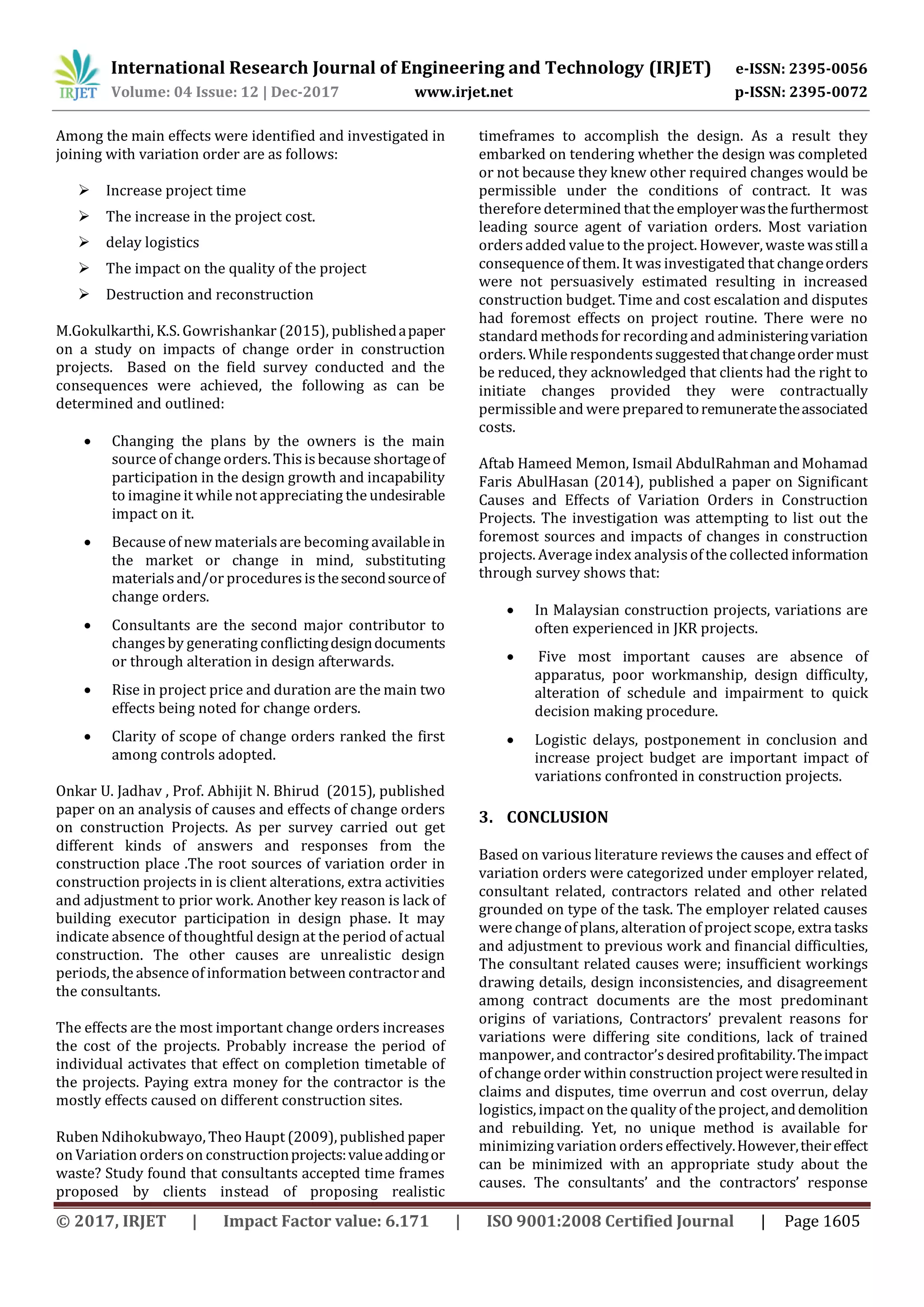 Critical Review on Causes and Effects of Variation Order on ...