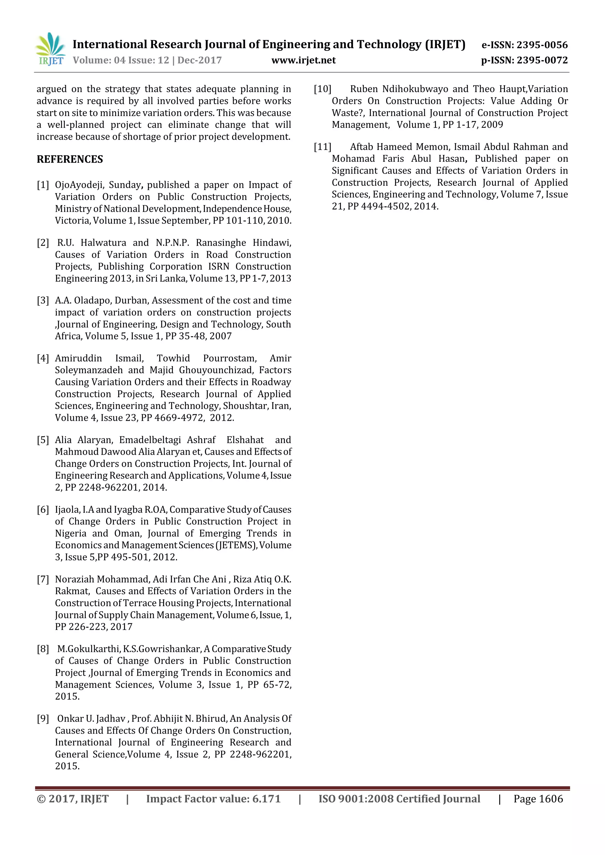 Critical Review on Causes and Effects of Variation Order on Construction Project | PDF