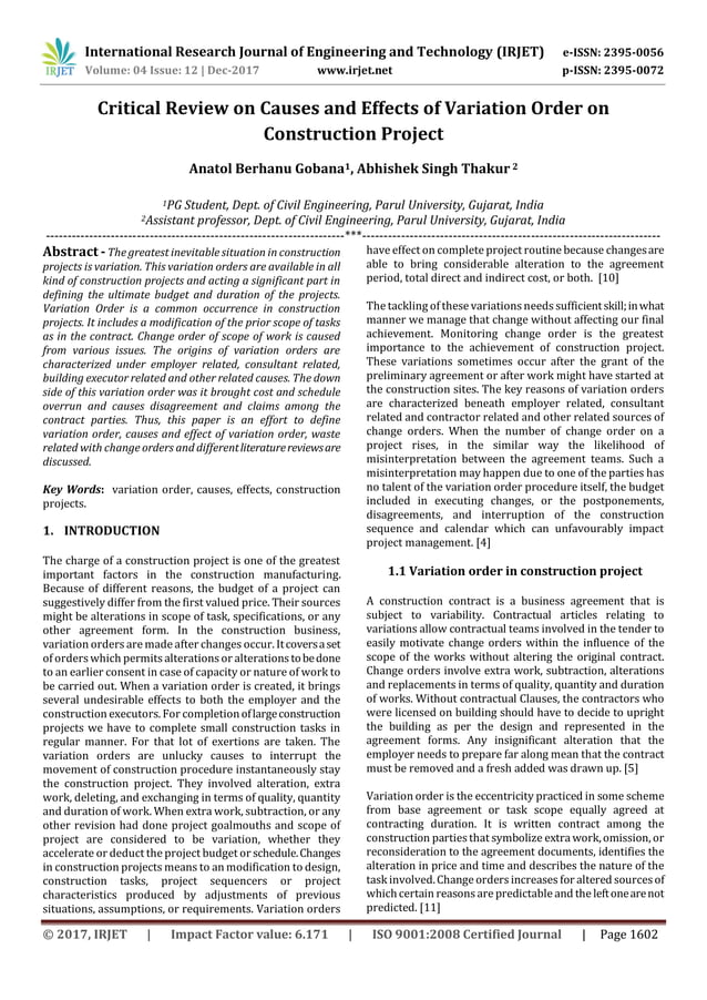 Critical Review on Causes and Effects of Variation Order on ...