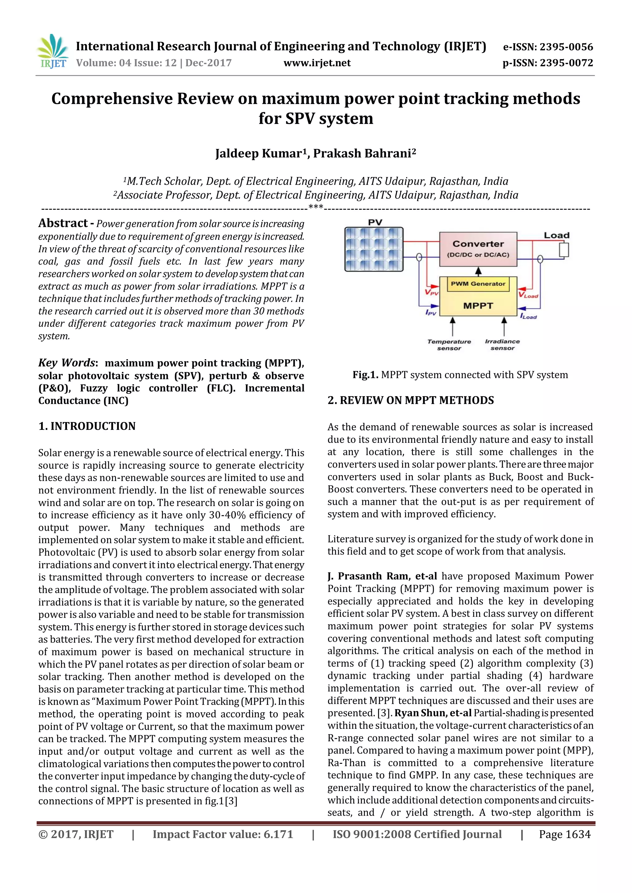 Comprehensive Review on Maximum Power Point Tracking Methods for SPV System | PDF