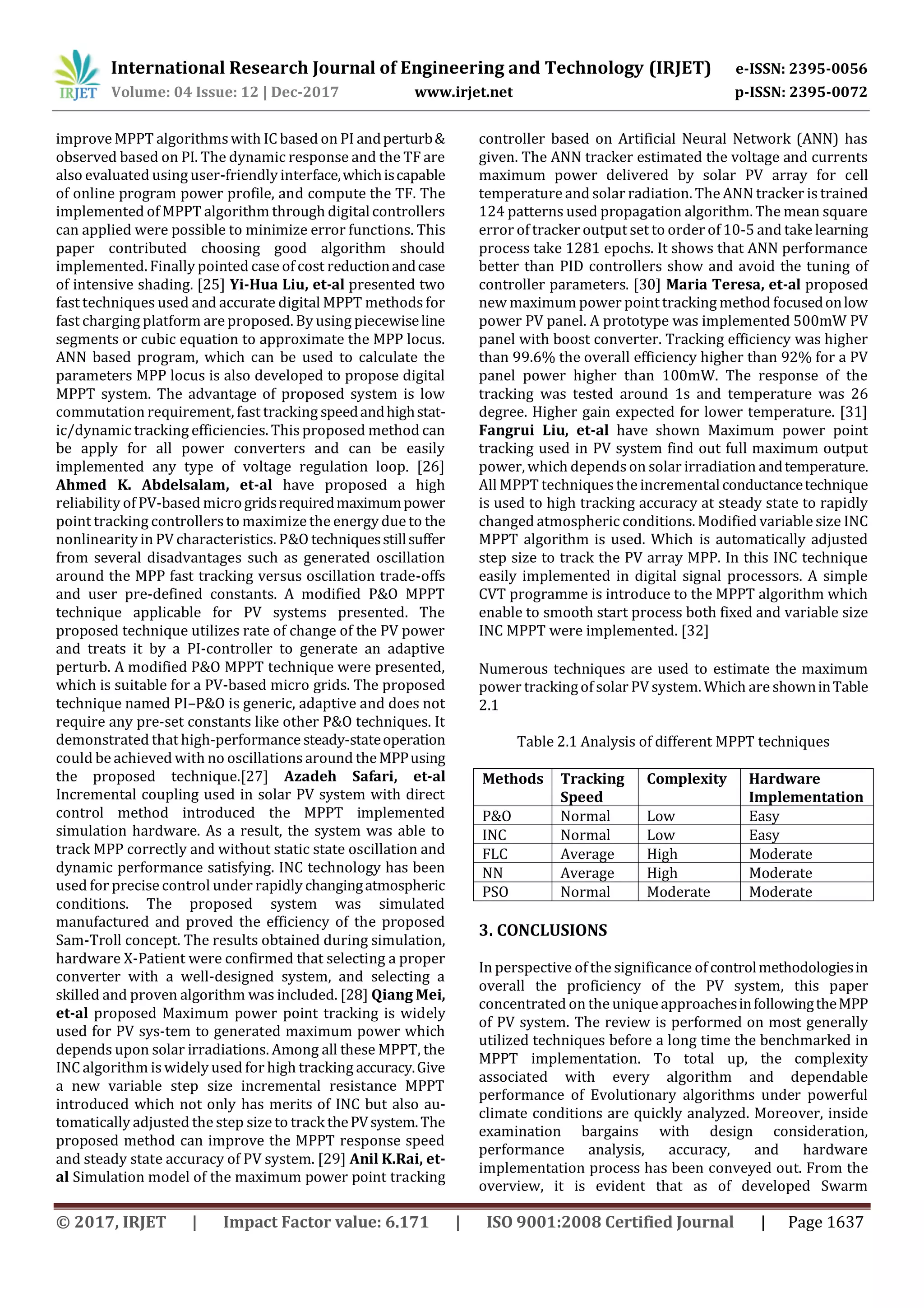 Comprehensive Review On Maximum Power Point Tracking Methods For Spv System Pdf