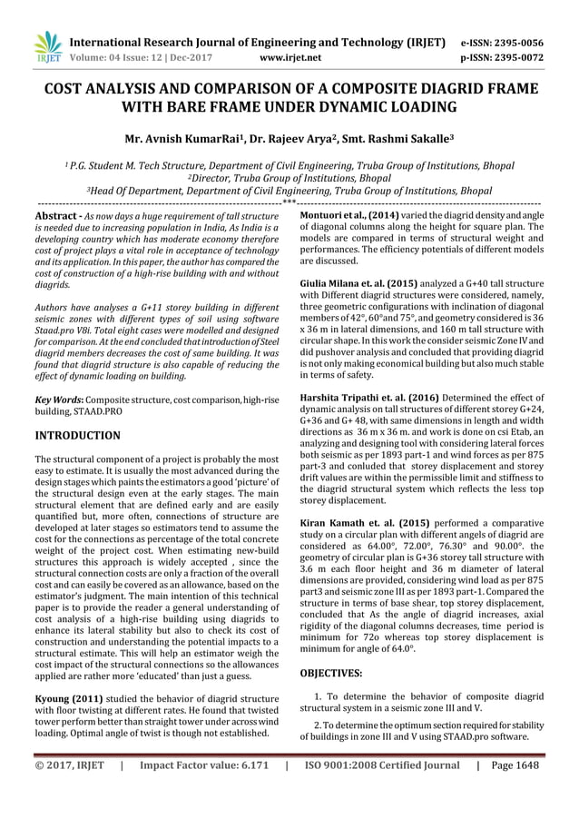 Cost Analysis and Comparison of a Composite Diagrid Frame with Bare Frame under Dynamic Loading ...