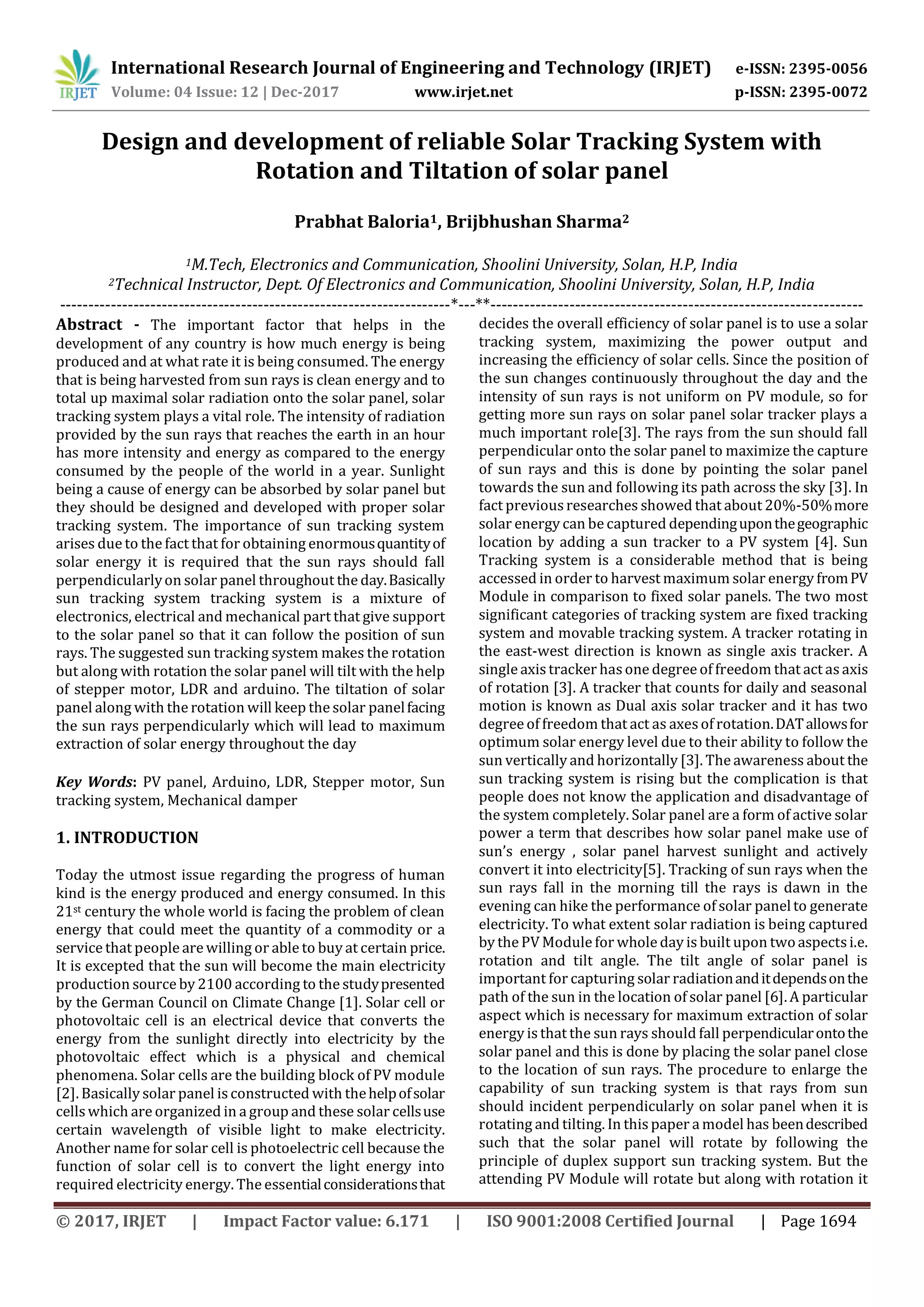 Design and Development of Reliable Solar Tracking System with Rotation ...